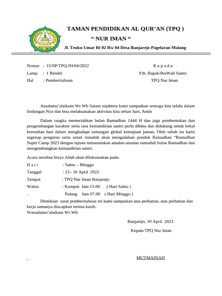 Pondok Ramadhan TPQ Nur Iman 2023 | PDF