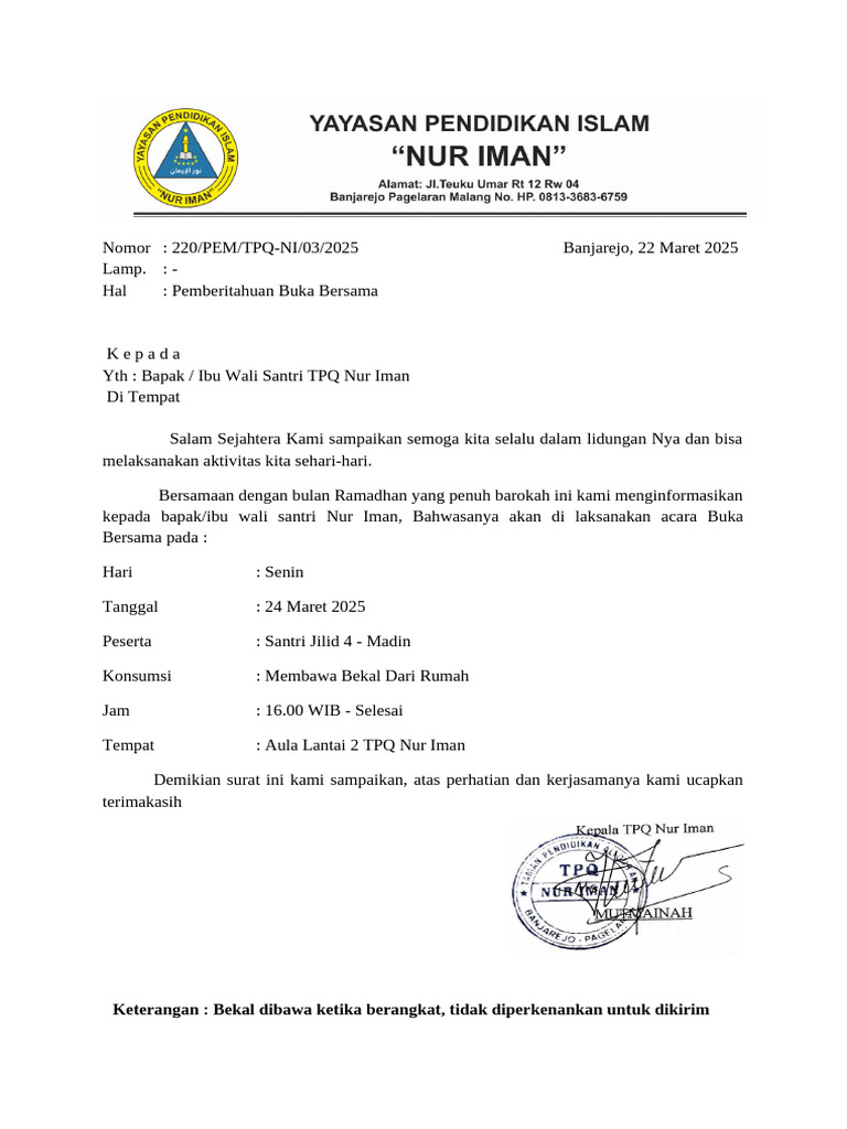 Pemberitahuan Buka Bersama TPQ Nur Iman | PDF