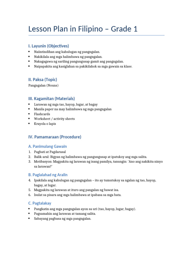 Lesson Plan Grade1 Filipino 2 | PDF