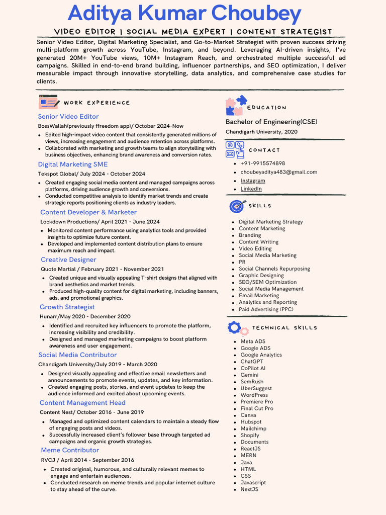 Aditya Kumar Choubey Resume | PDF | Digital Marketing | Promotion And ...