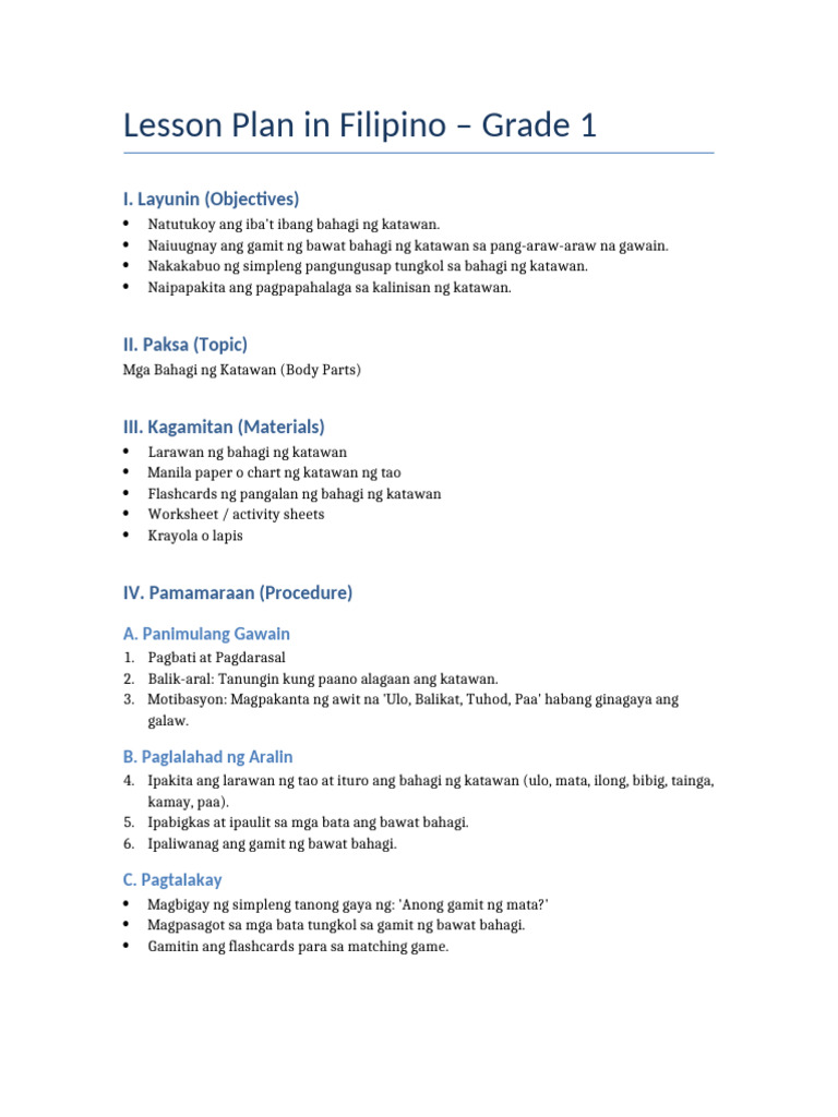 Lesson Plan Grade1 Filipino 4 | PDF