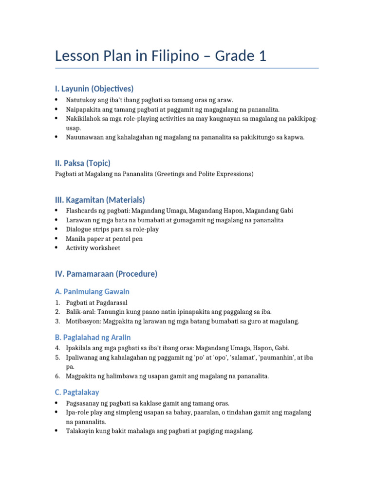 Lesson Plan Grade1 Filipino 5 | PDF
