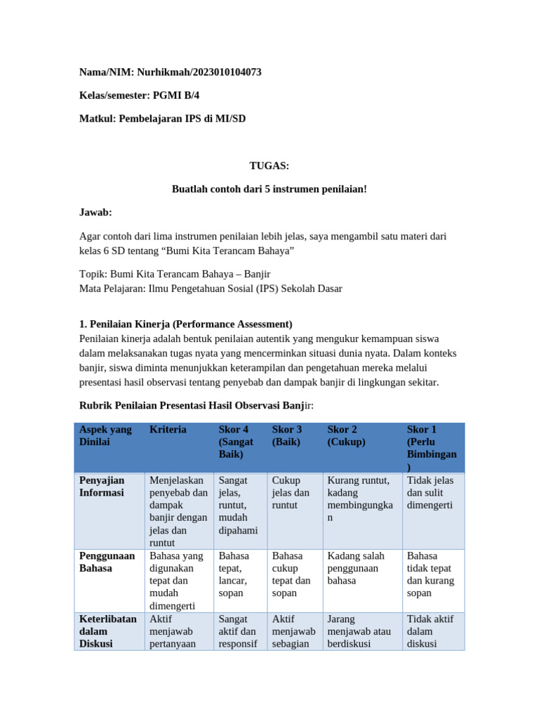 5 Instrumen Penilaian IPS Banjir SD | PDF