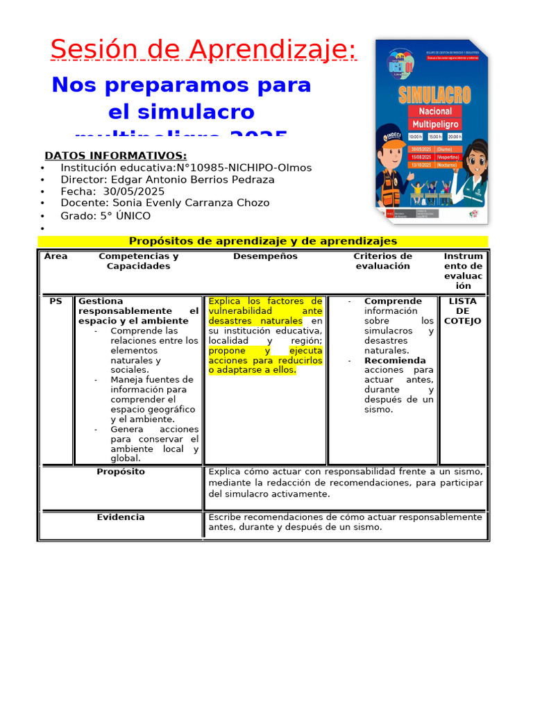 5° Grado Dia 5 Ps. Nos Preparamos para El Simulacro Multipeligro 2025 | PDF | Evaluación