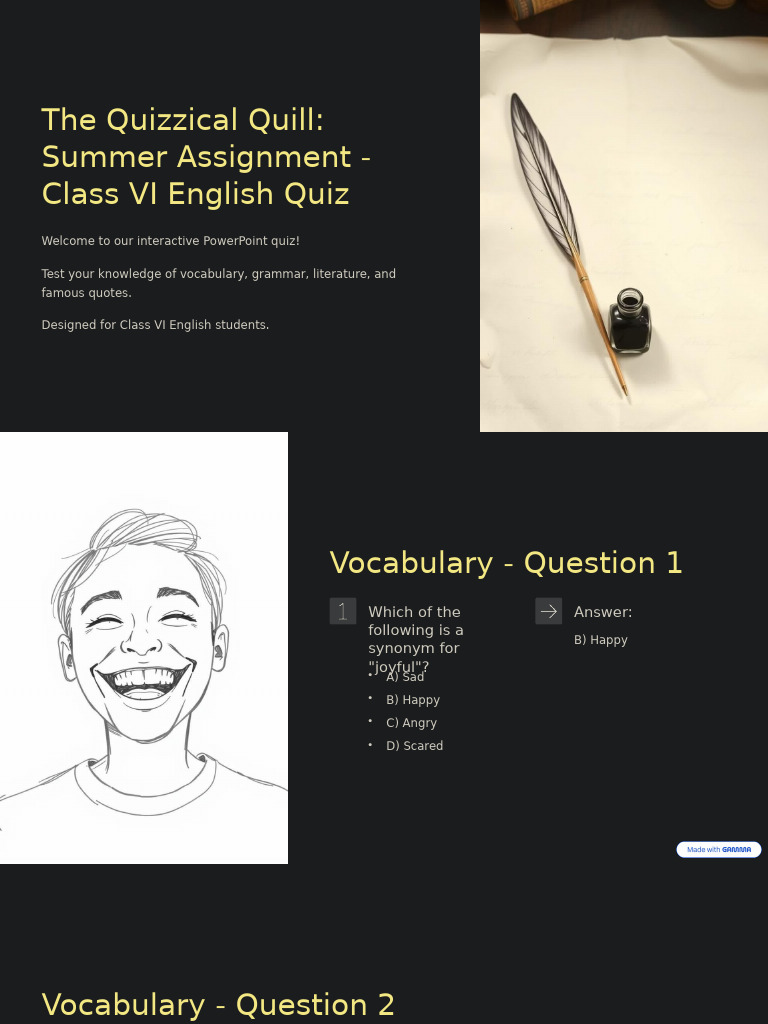 The Quizzical Quill Summer Assignment Class VI English Quiz | PDF ...