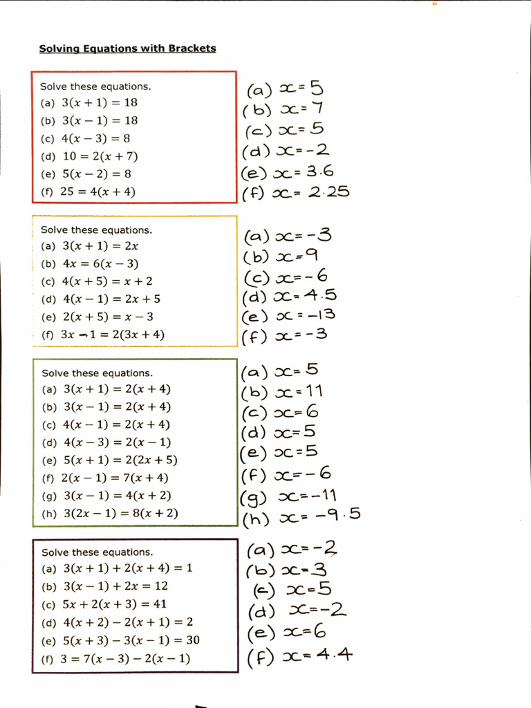 Solving Equations With Brackets Practice Strips Answers | PDF