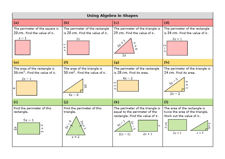 Using Algebra + Equations in Shapes Practice Grid | PDF