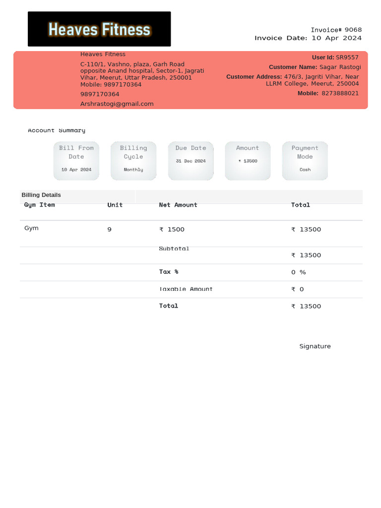 Gym Membership Invoice for Sagar Rastogi | PDF