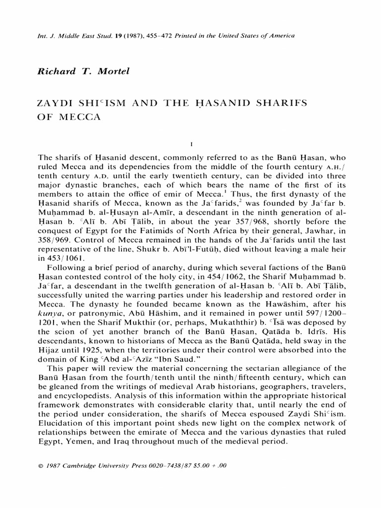 Zaydi Shicism in Mecca's Hasanid Sharifs | PDF | Caliphate | Shia Islam