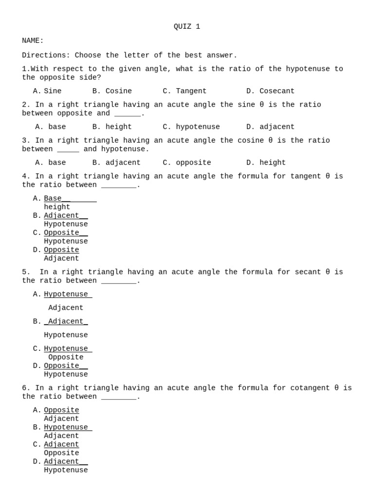Right Triangle Trigonometry Quiz | PDF