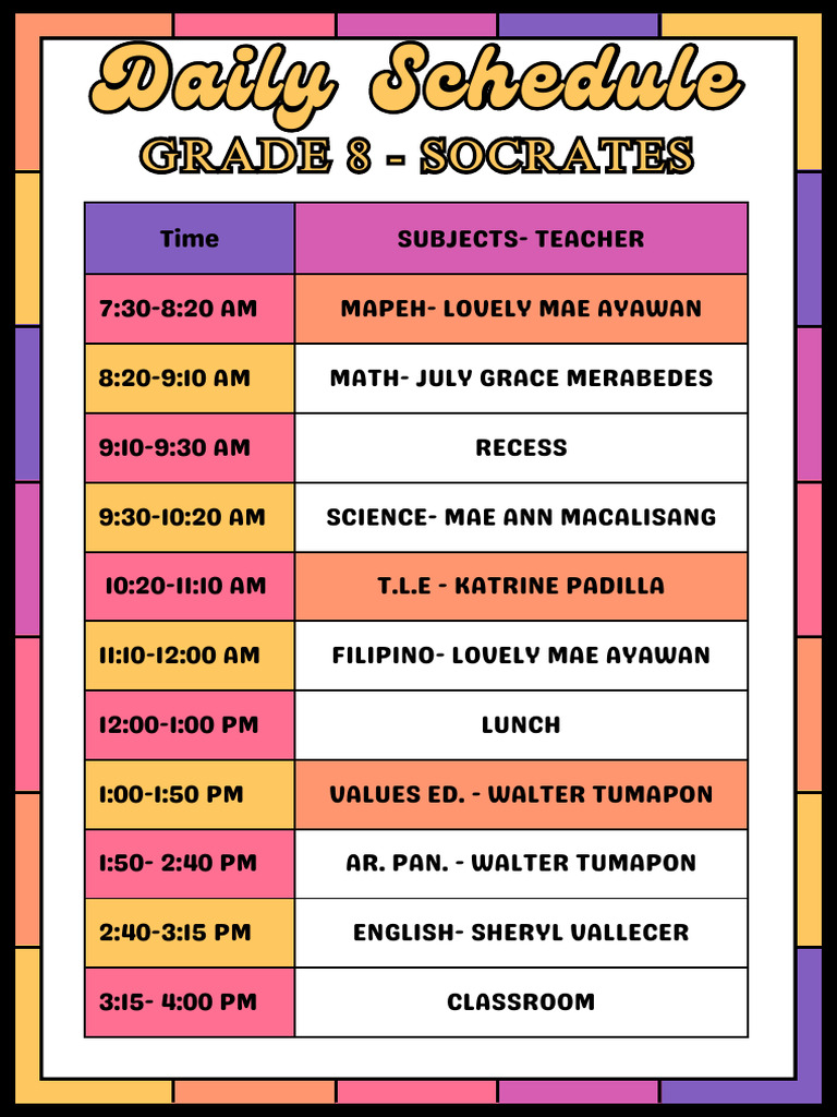 Daily Class Schedule Document Colorful Checkered Table | PDF