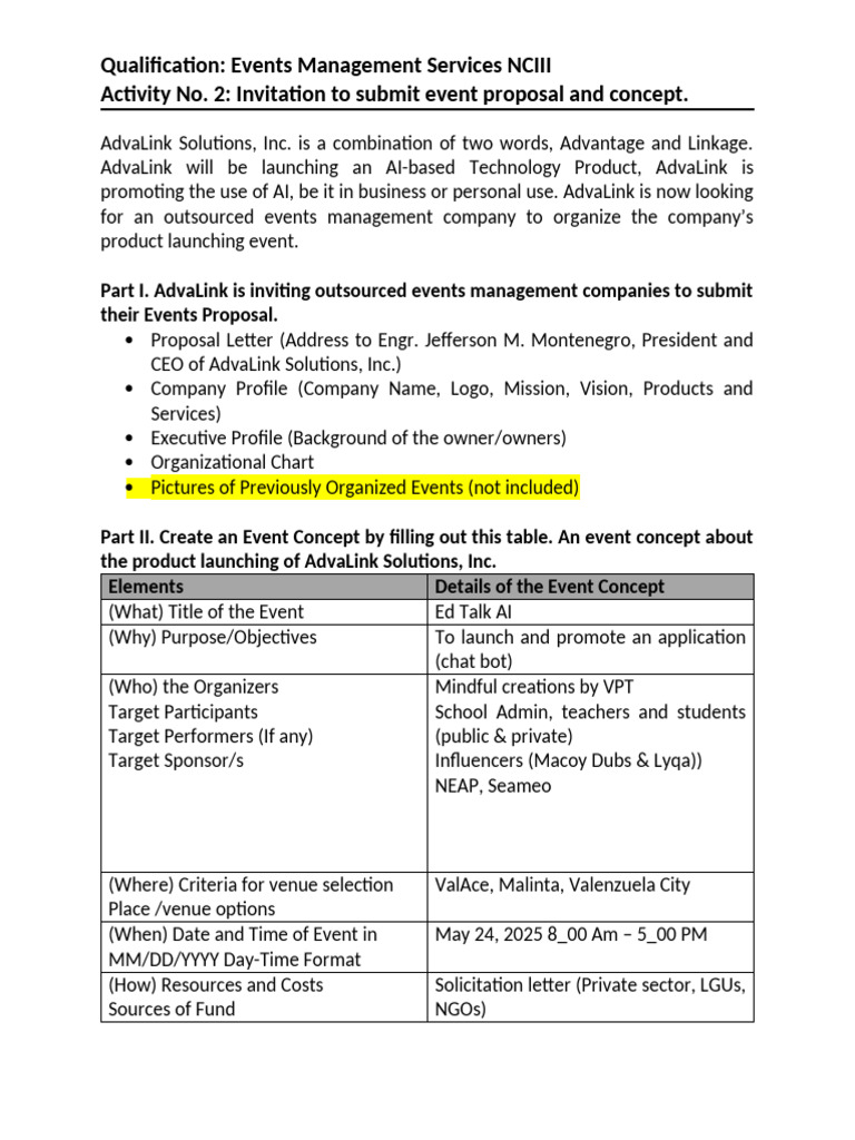 Event Proposal for AdvaLink Launch | PDF