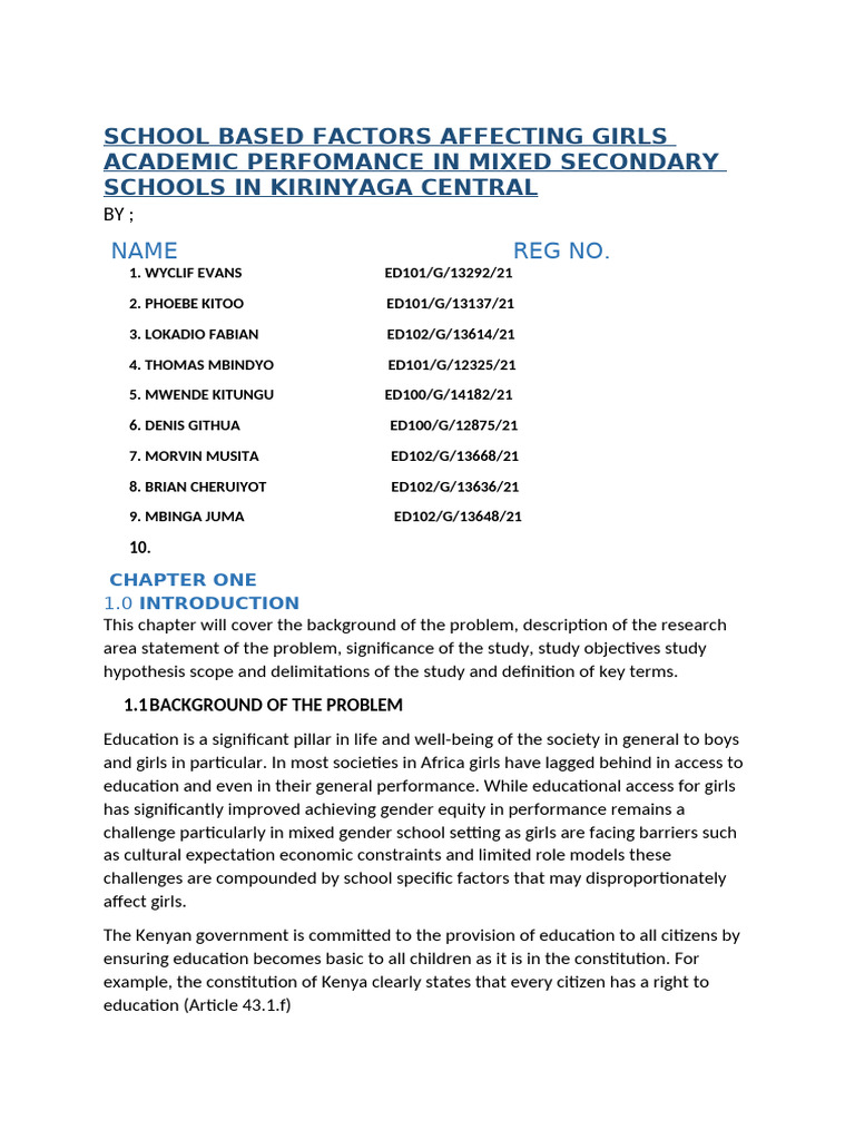 School Based Factors Affecting Girls' Perfomance. | PDF | Schools | Learning