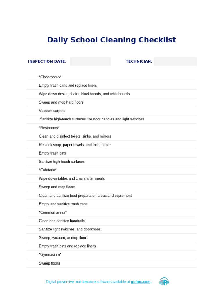 Daily School Cleaning Checklist | PDF
