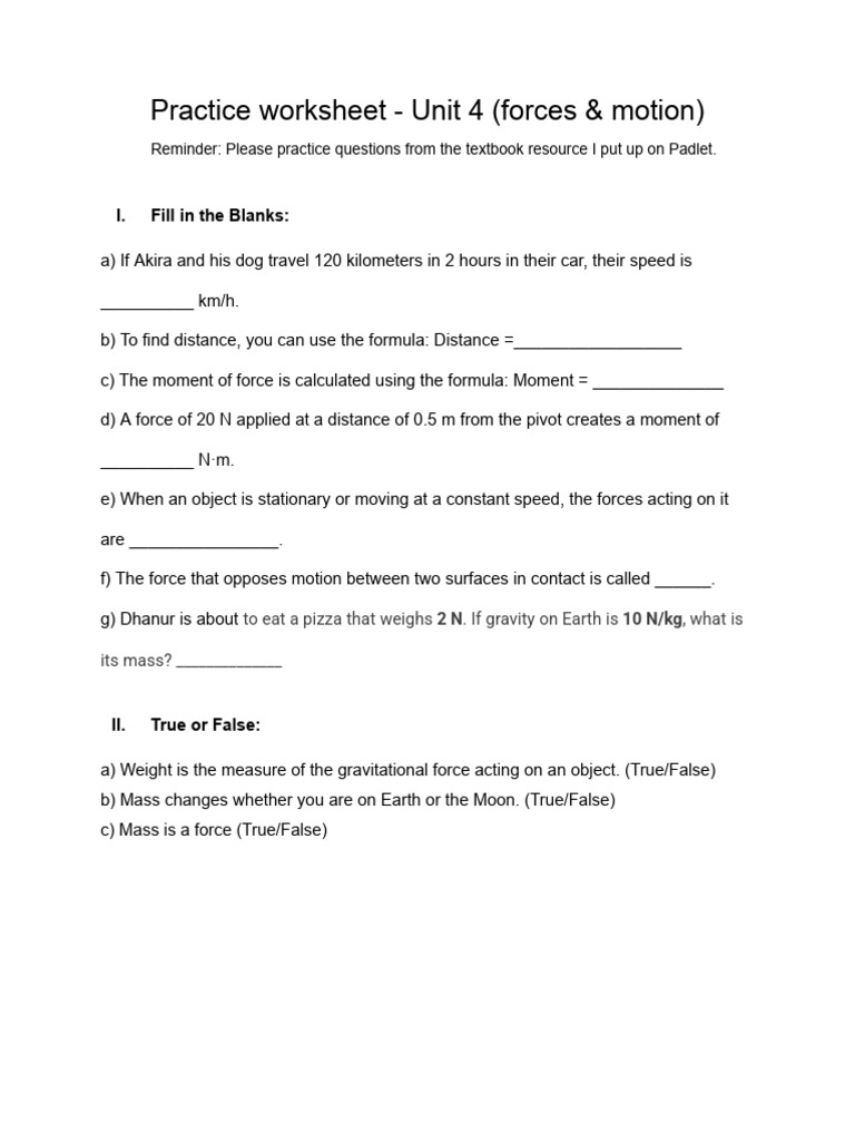 Forces and Motion Practice Worksheet | PDF | Force | Mass