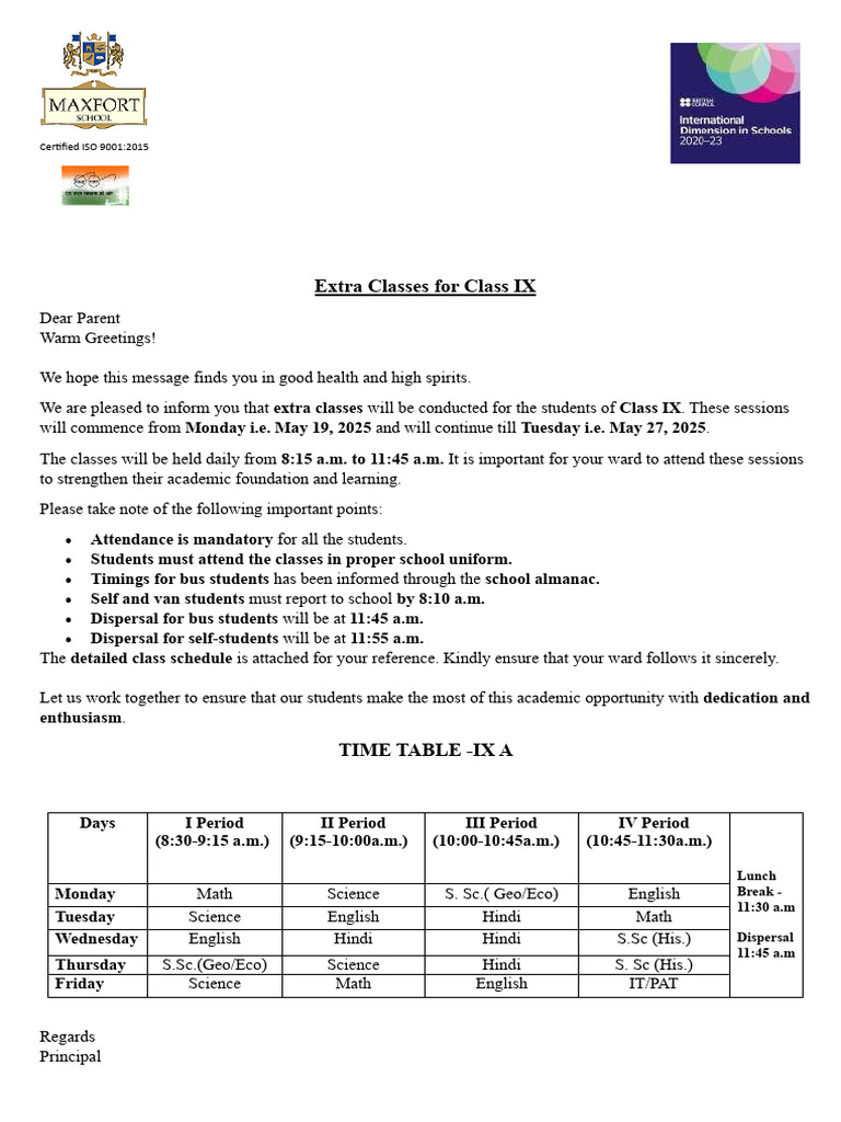 Extra Classes Schedule for Class IX | PDF
