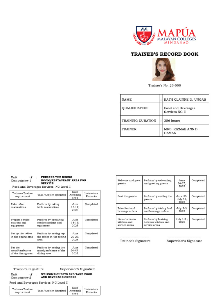 3 Trainee - S Record Book | PDF | Restaurants | Eating Behaviors Of Humans