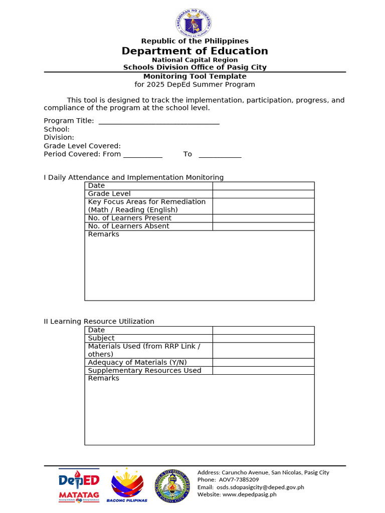 Monitoring Tool For 2025 DepEd Summer Program | PDF | Behavior ...
