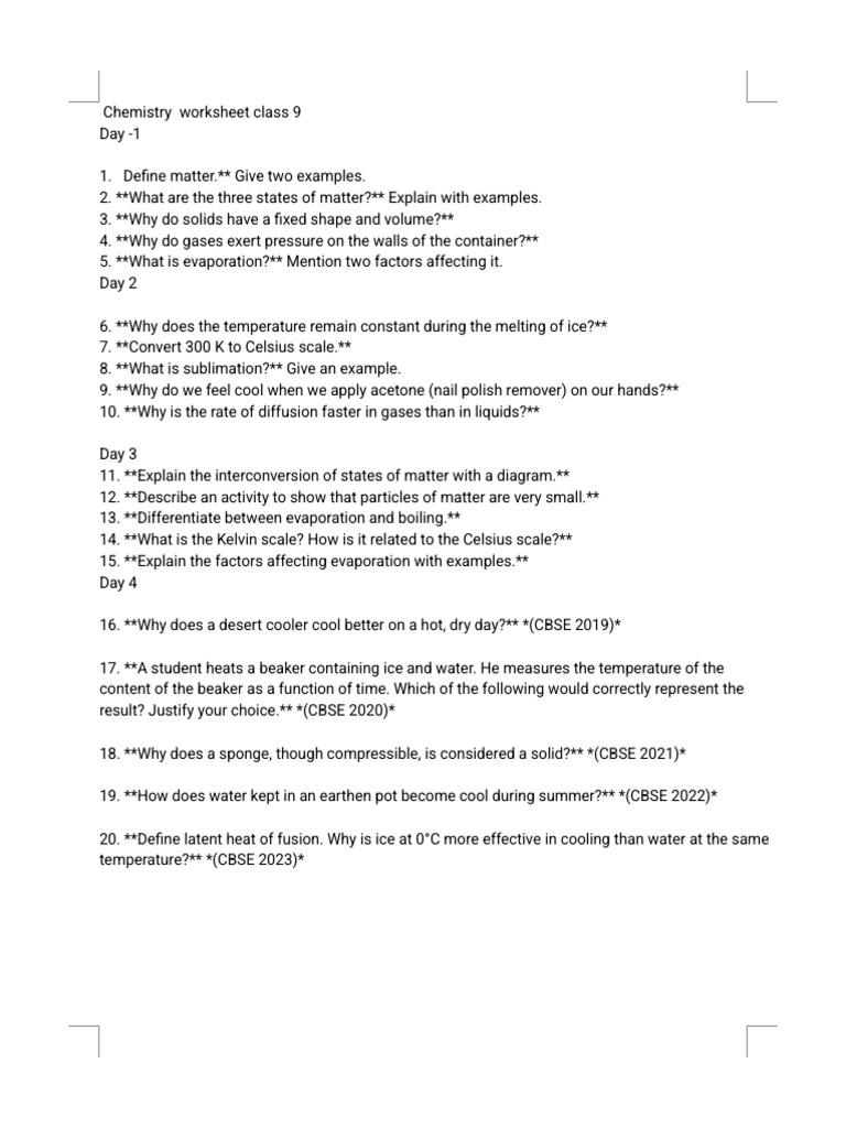 Chemistry Worksheet Class 9 | PDF
