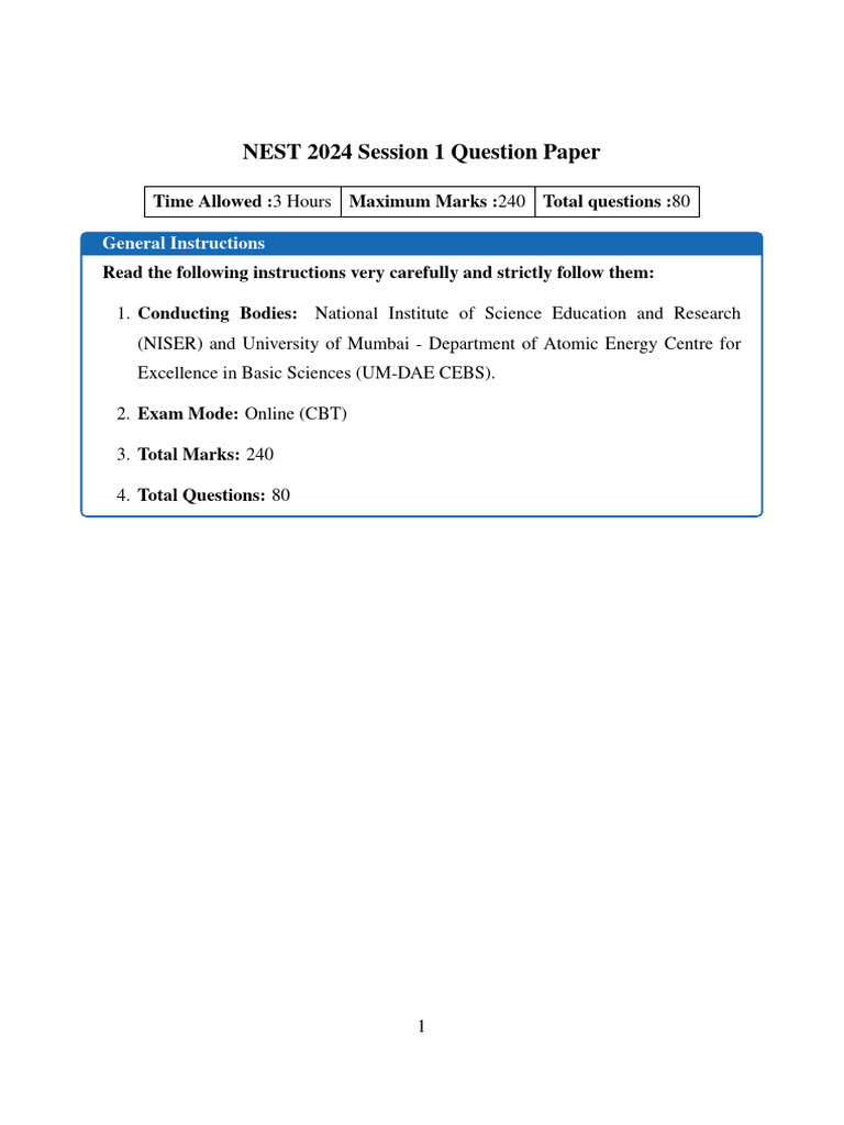 NEST 2024 Session 1 Question Paper | PDF | Force | Homology (Biology)