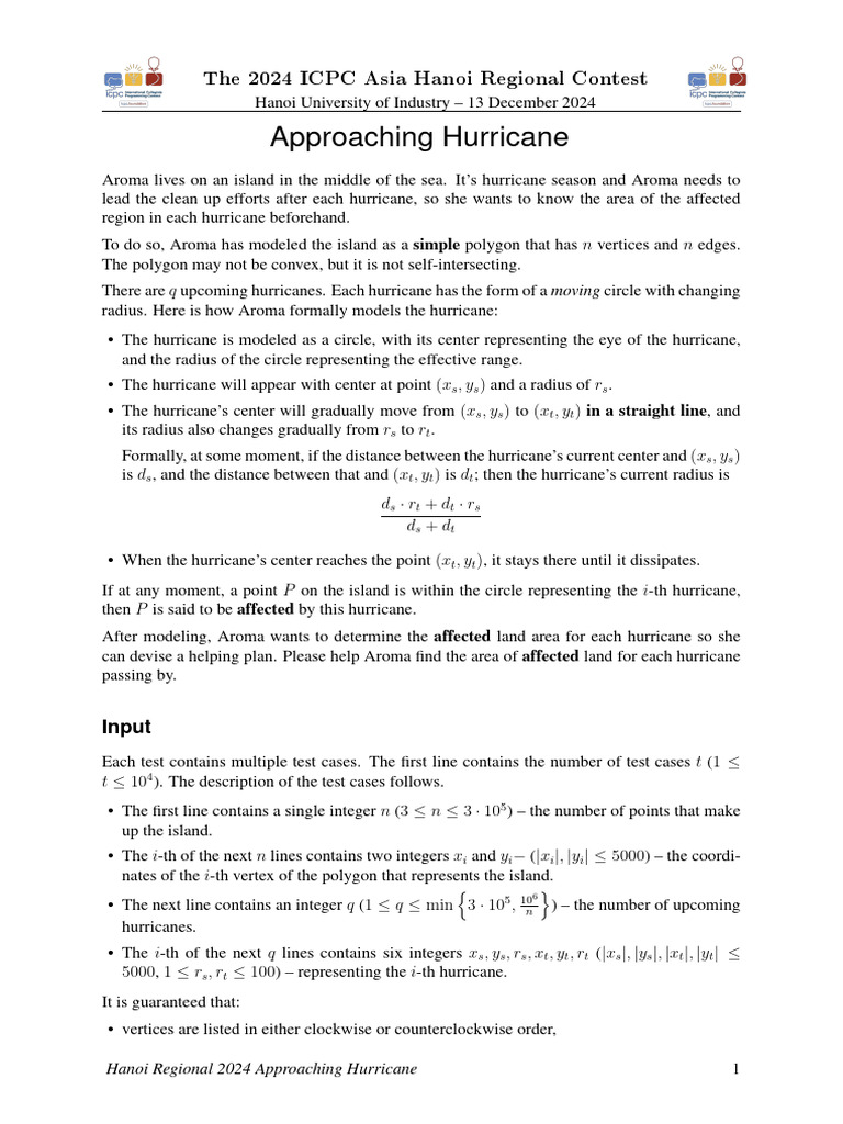 ICPC 2024 A Approaching Hurricane | PDF | Vertex (Geometry) | Polygon