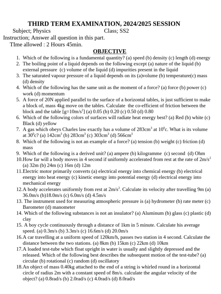 MR - Fasina 3rd Term Exam Physics Ss2 | PDF | Heat | Temperature