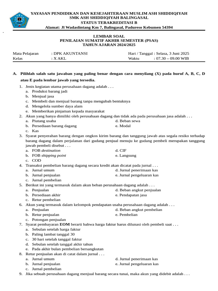 Soal Psas DPK Akt X Akl 2024 2025 | PDF
