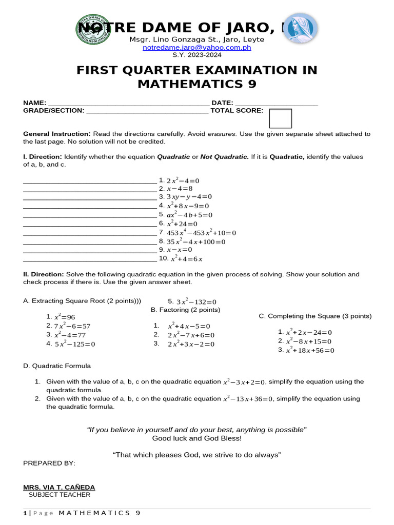 Math 9 First Quarter Exam 2023-2024 | PDF | Quadratic Equation ...