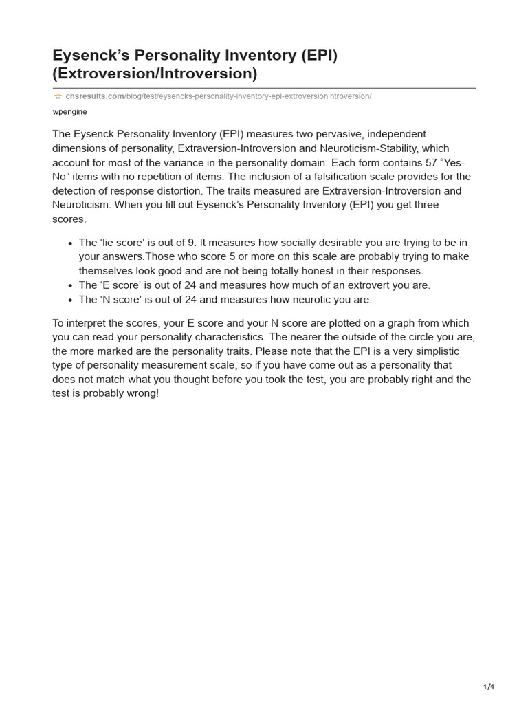 Eysencks Personality Inventory EPI ExtroversionIntroversion | PDF | Extraversion And ...