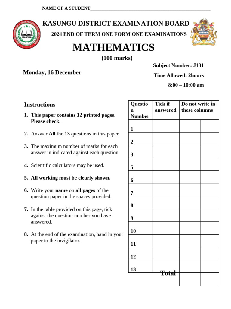 Form One Mathematics Exam Paper 2024 | PDF | Mathematics