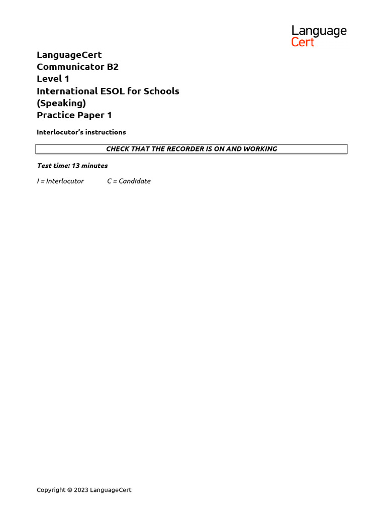 LANGUAGECERT ESOL For Schools B2 Practice Paper 1 Speaking | PDF