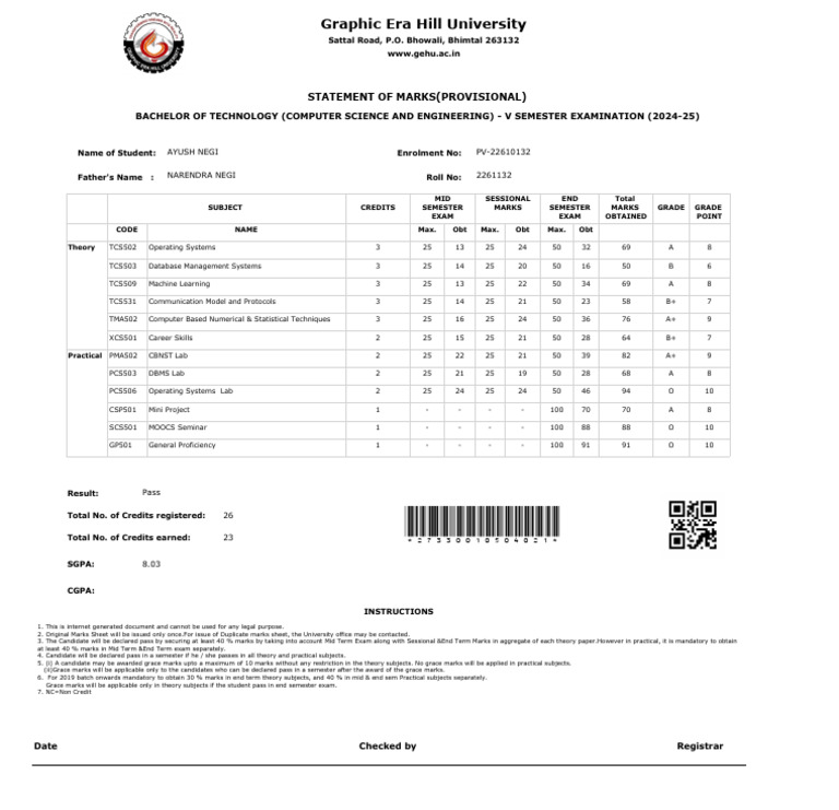 Provisional Marks Statement for B.Tech V Semester | PDF