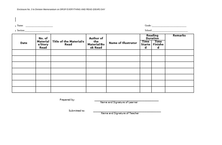 DEAR Day Reading Log Template | PDF