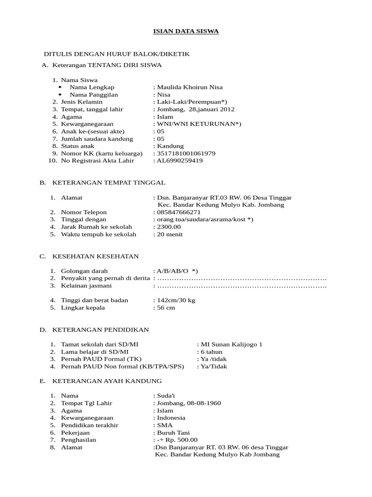 Isian Data Siswa | PDF