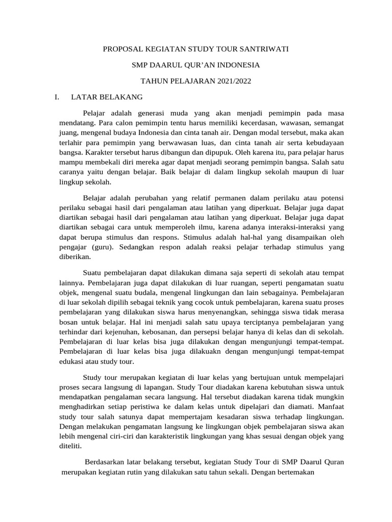 Proposal Study Tour Santriwati SMP 2021 | PDF