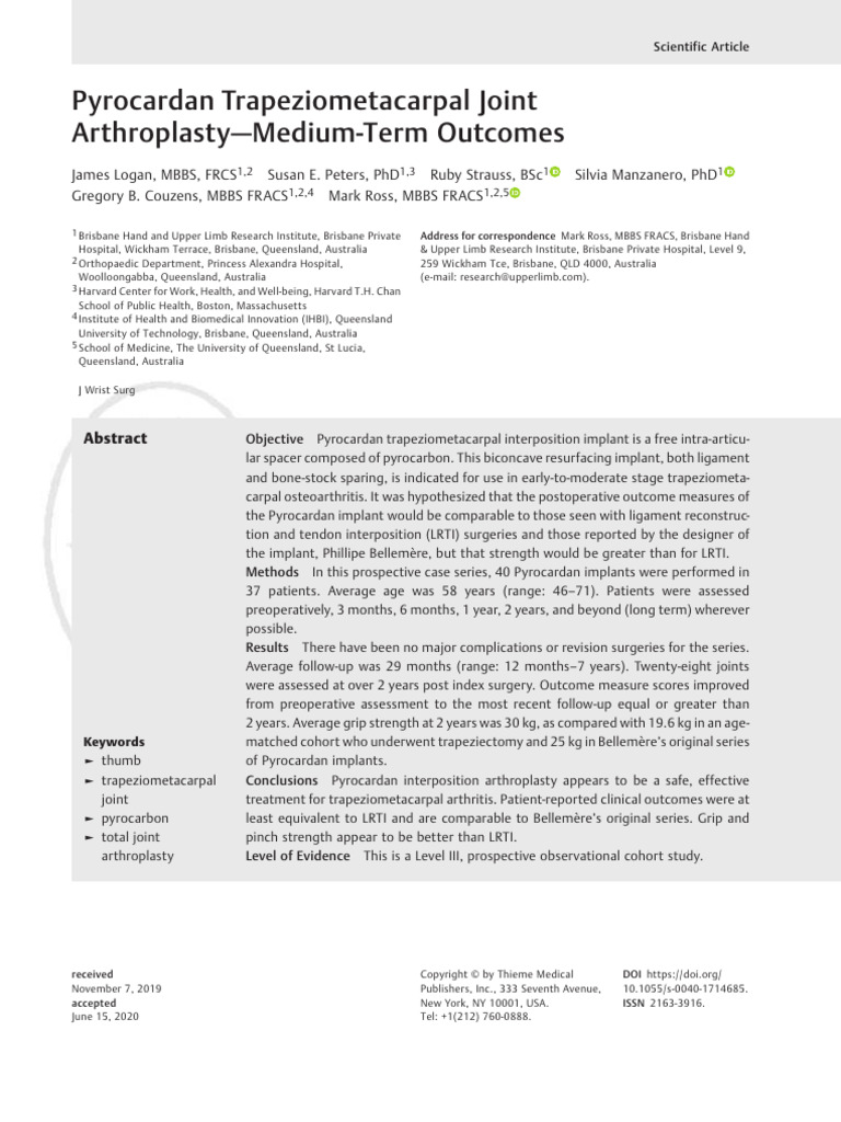 Pyrocardan Trapeziometacarpal Joint Arthroplasty-Medium-Term Outcomes ...
