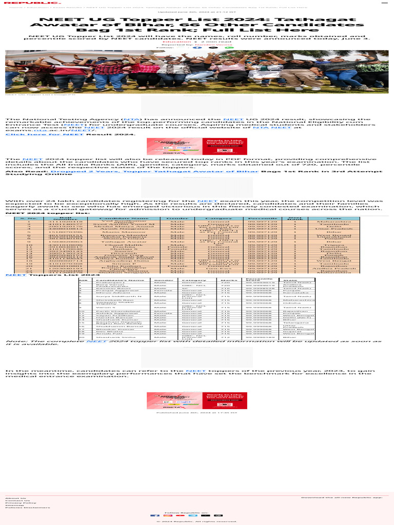 NEET UG Topper List 2024 Tathagat Awatar of Bihar, 66 Other Candidates ...