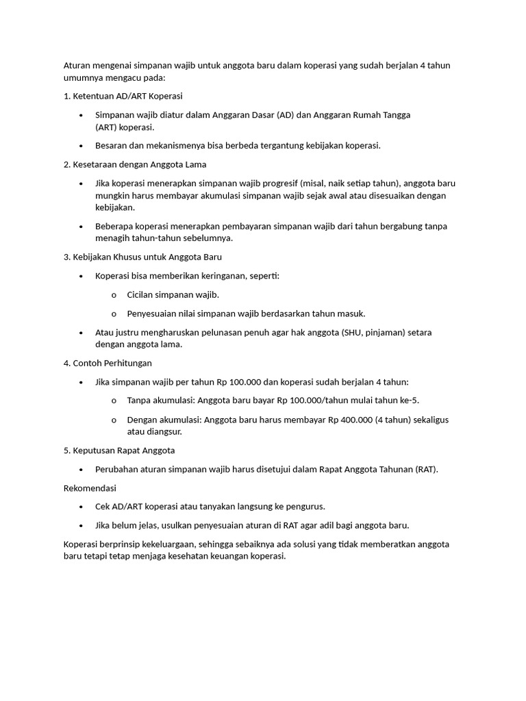 Aturan Simpanan Wajib Anggota Baru Koperasi | PDF