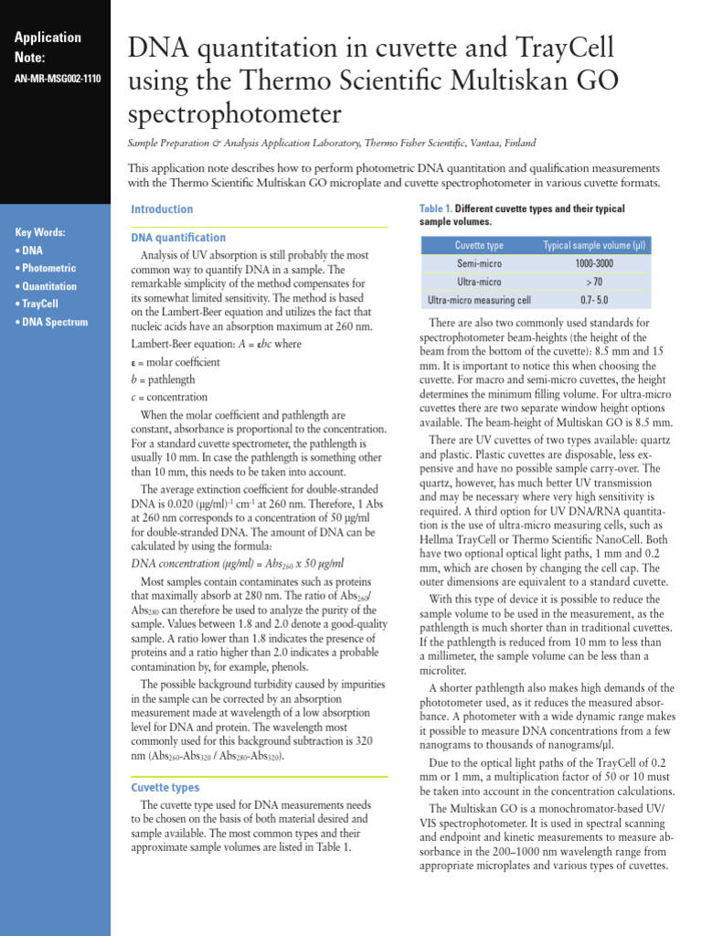 DNA Quantitation in Cuvette and Meter | PDF | Spectrophotometry ...