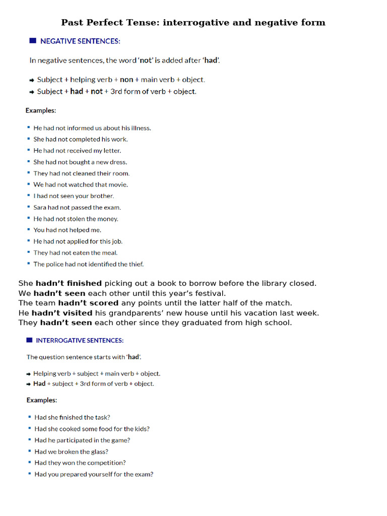 8.past Perfect Tense - Interrogative and Negative Form | PDF
