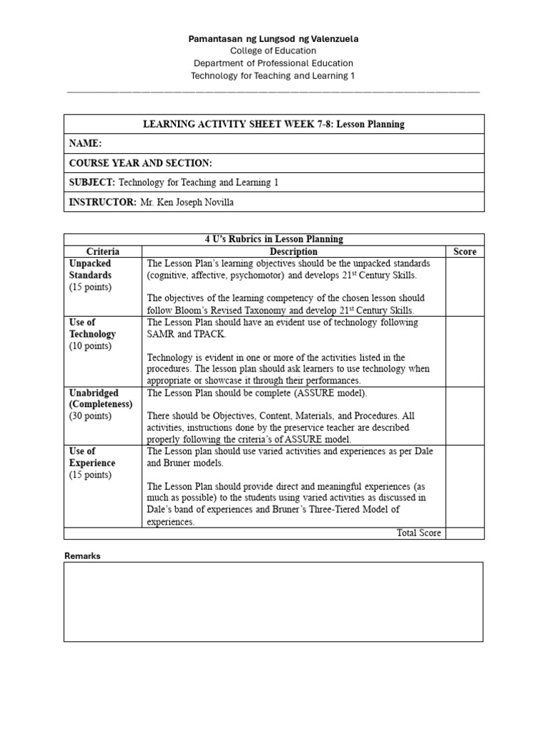 EDUC 4 LEARNING ACTIVITY SHEET WEEK 7-8 Lesson Planning | PDF