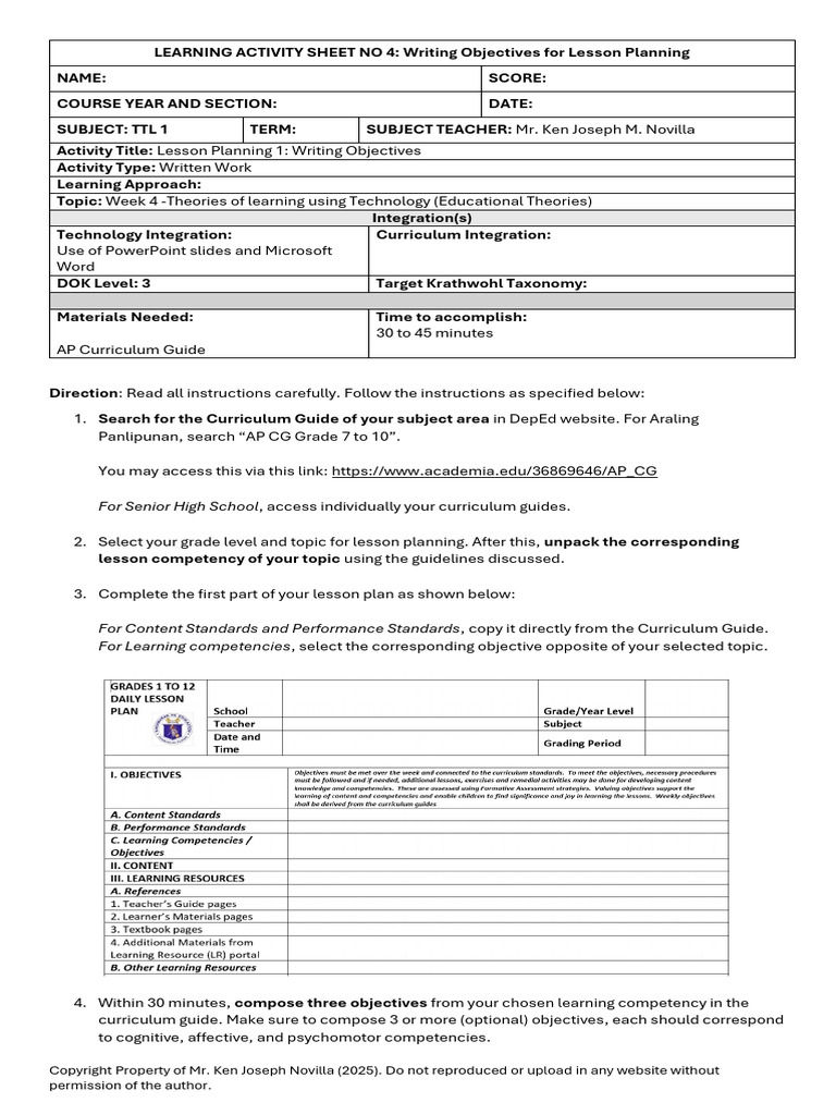 Lesson Planning Objectives Activity Sheet | PDF | Curriculum ...