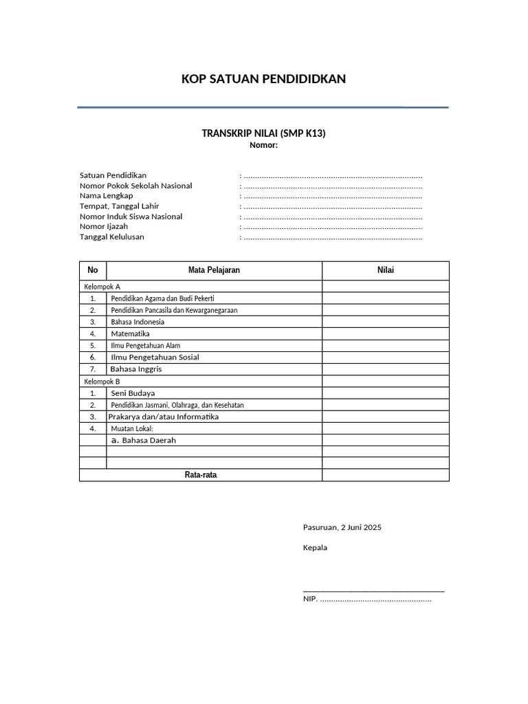 Contoh Transkrip Nilai | PDF