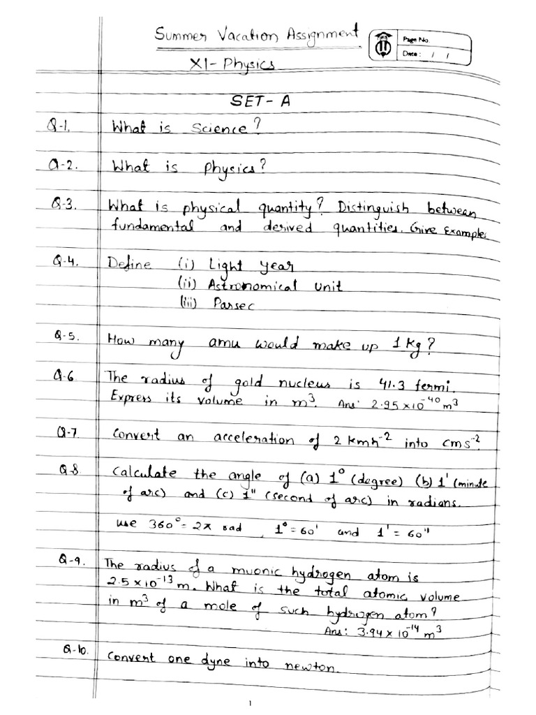 XI - Physics (Summer Vacation Assignment) | PDF
