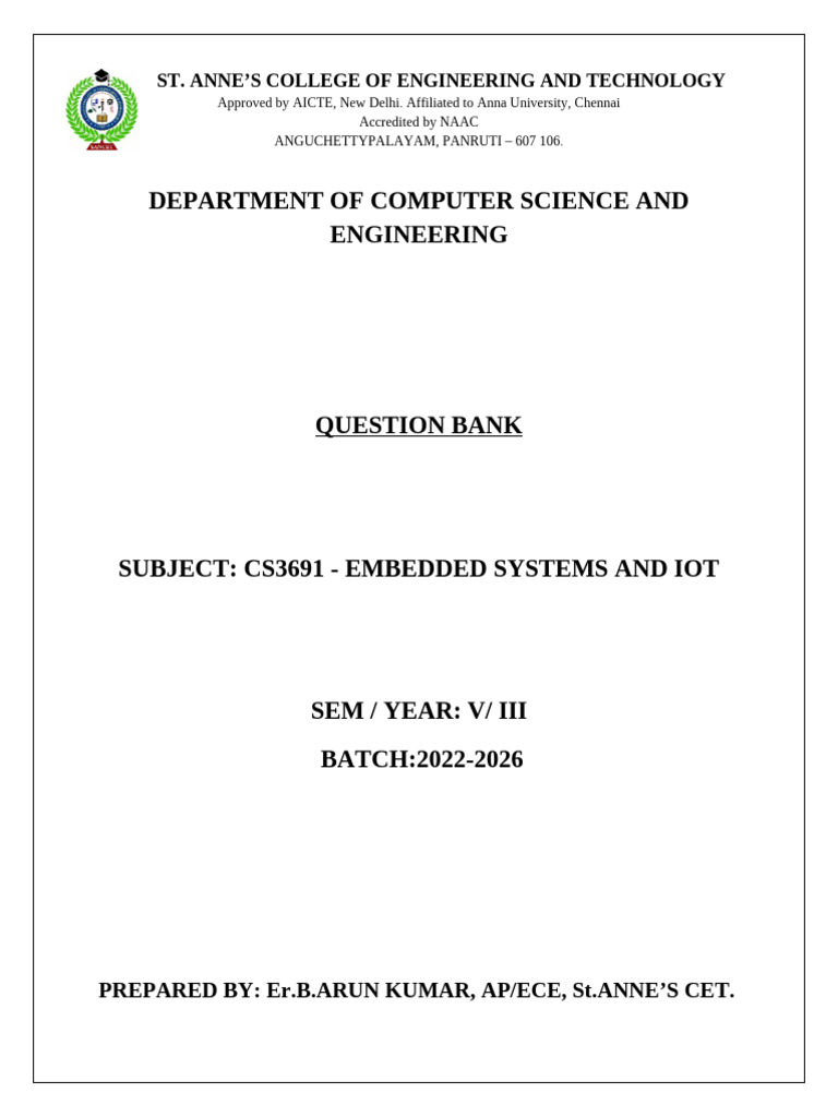 Cs3691 Embedded System and Iot Qustion Bank | PDF | Random Access Memory | Embedded System