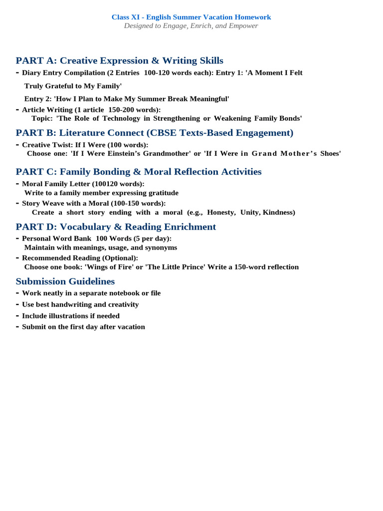 Class XI English Summer Homework | PDF