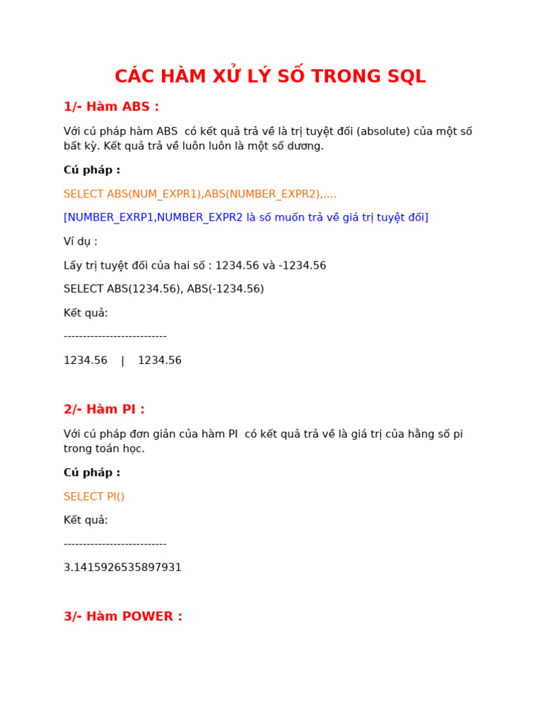 Các Hàm Xử Lý Số Trong SQL | PDF