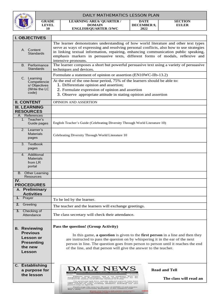 Lesson Plan for Opinion Assertion (1) | PDF | Learning | Lesson Plan