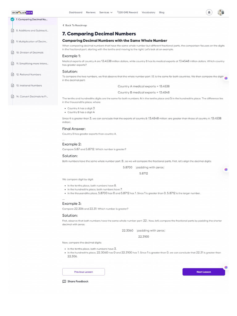 Lesson 7 Comparing Decimal Numbers | PDF
