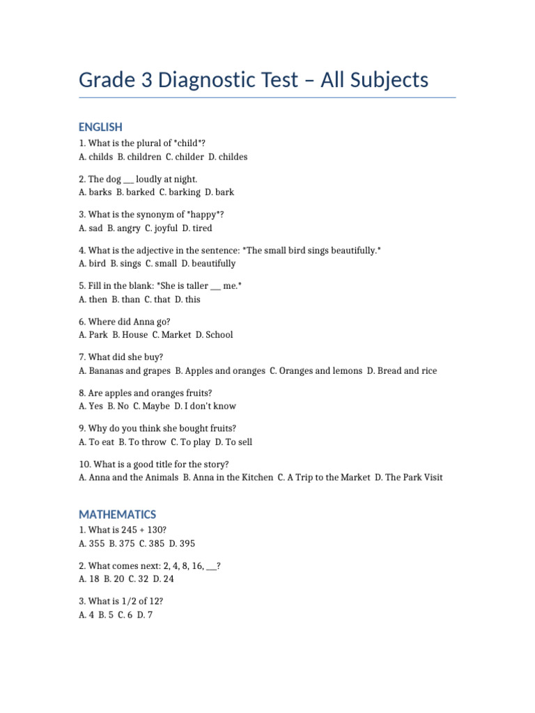 Grade 3 Diagnostic Test: All Subjects | PDF